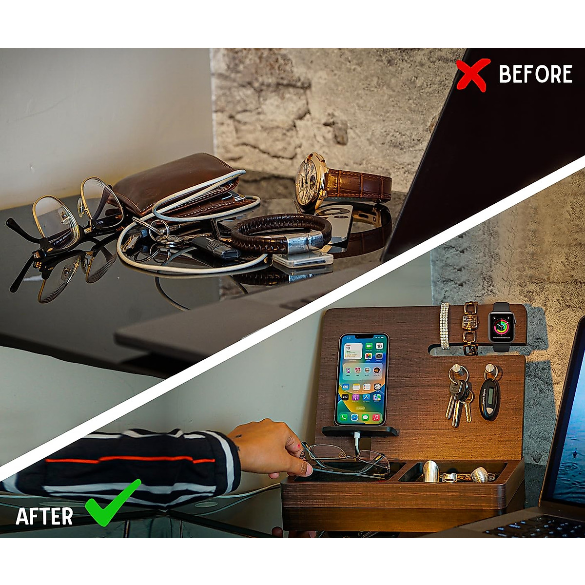 Namore | Gift for Men Husband, Anniversary, Birthday | Wood Phone Docking Station | Ideal as Office and Nightstand Organizer | Organize your Watch, Wallet, Cellphone, Keys, Airpods