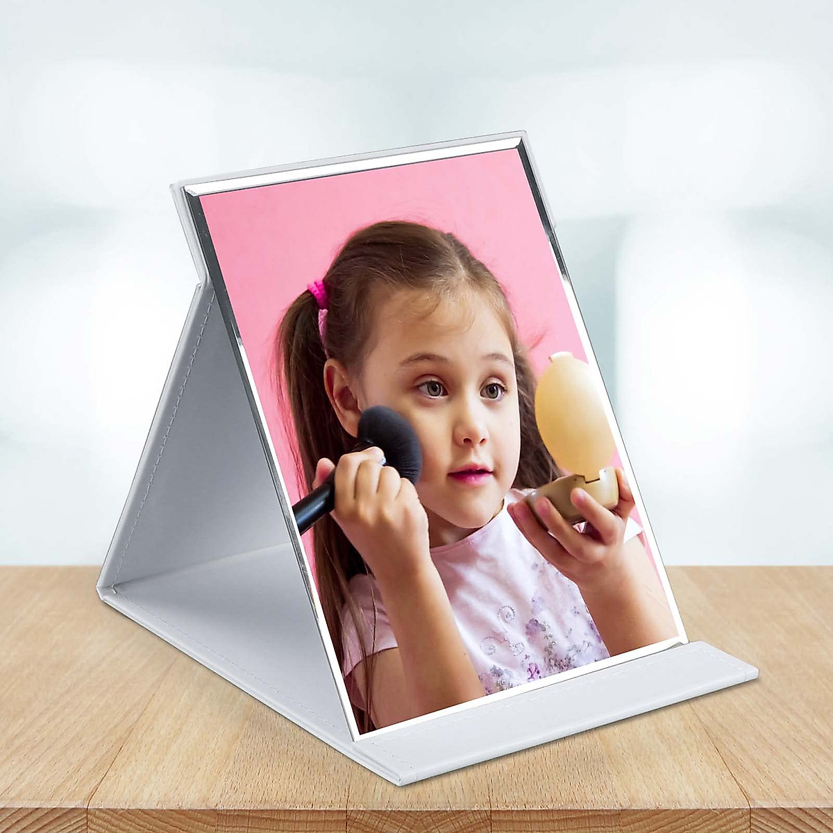 ZBEIVAN 10x7 Inches Portable Folding Makeup Mirror, Frameless PU Leather Desk Mirror with Stand for Camping Travel Tabletop Personal, White