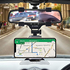 Cellet Vehicle Rear View Mirror Phone Holder Mount Universal Smartphone Cradle Compatible to iPhone 14 Pro Max Plus 13 12 11 XR XS SE Galaxy Z Flip Z Fold S22 S21 S20 S10 Google Map GPS Navigation