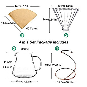 Pour Over Coffee Maker Set – Includes Glass Coffee Dripper, Metal Dripper Stand, Heat Resistance 600ml Coffee Server and 40 Count Paper Coffee Filters, 4 in 1 Set for Home or Office (Bronze Set)