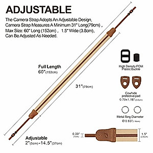 Beige Striped Camera Strap - Double Layer top-grain Cowhide Ends,1.5"Wide Pure Cotton Woven Camera Strap,Adjustable Universal Neck & Shoulder Strap for All DSLR Cameras,Great Gift for Photographers