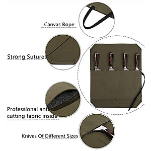 Chef's Knife Roll Bag, Durable 16oz Waxed Canvas Knife Case with 4 Slots Professional Chef's Knife Bag with Anti Cutting Fabric Inside