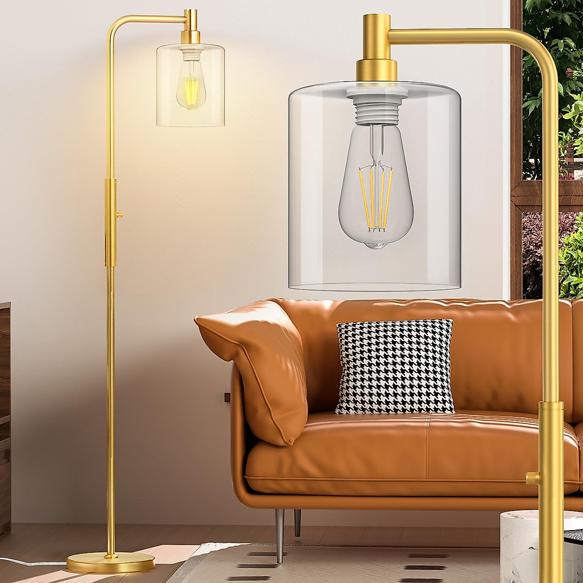 CNXIN Stepless Dimmable Floor Lamps with Glass Lampshade Modern Standing Lamps with 6W LED Bulb Bright Corner Lamp Tall Pole Lamps for Living Room Bedroom Office Study Room Farmhouse, Gold