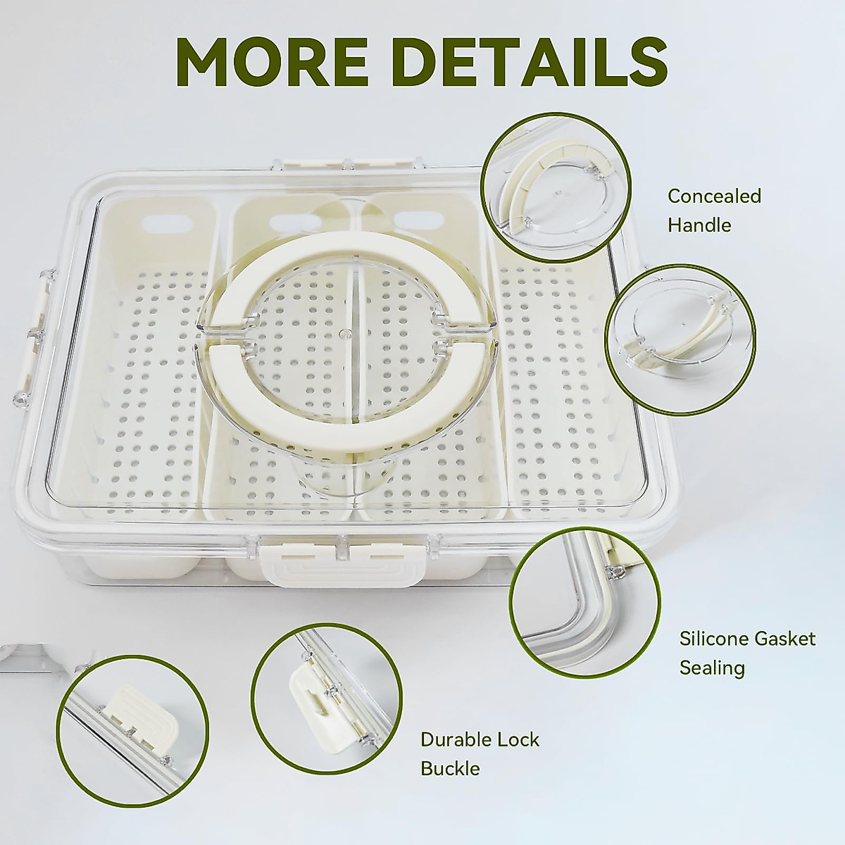 LEEHEZLY Food Storage Container for Fridge, Portable White Plastic BPA-free Box, Divided Serving Tray with Lids and Handle, Keep Fruits and Vegetables Fresh with 4 Removable Colanders (Short)