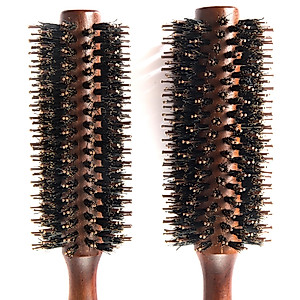 Boar Bristle Round Hair Brush Set with Nylon Pin, Wooden Handle for Straightening Curling Volumizing and Detangling (2 in 1)