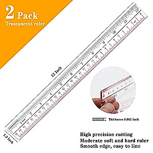 Ruler 12 inch, Clear Plastic 12 inch Ruler, Apply to Rulers for Kids and Office Use Measuring Tools, Transparent Metric Straight Ruler, Ruler with Inches and Centimeters, Ruler Set Pack of 2