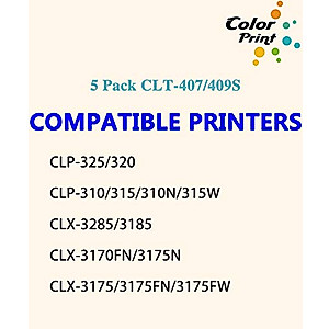 ColorPrint Compatible CLP315 Toner Cartridge Replacement for Samsung 409S CLT-409S CLT409S Work with CLP-315 CLP-310 CLP-310N CLP-315W CLX-3170 CLX 3175FN 3175FW 3175N Printer (5-Pack, 2BK,1C,1M,1Y)