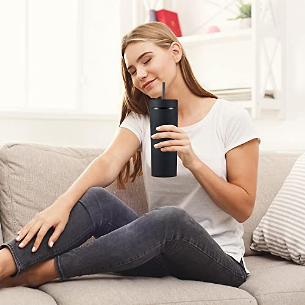 MEWAY 20oz Skinny Tumblers 12 Pack Double Wall Acrylic Tumbler with Lid and Straw,Matte Pastel Colored Reusable Plastic Cups With Straw for Parties, Birthdays,Customization DIY Gifts(Black,Set of 12)