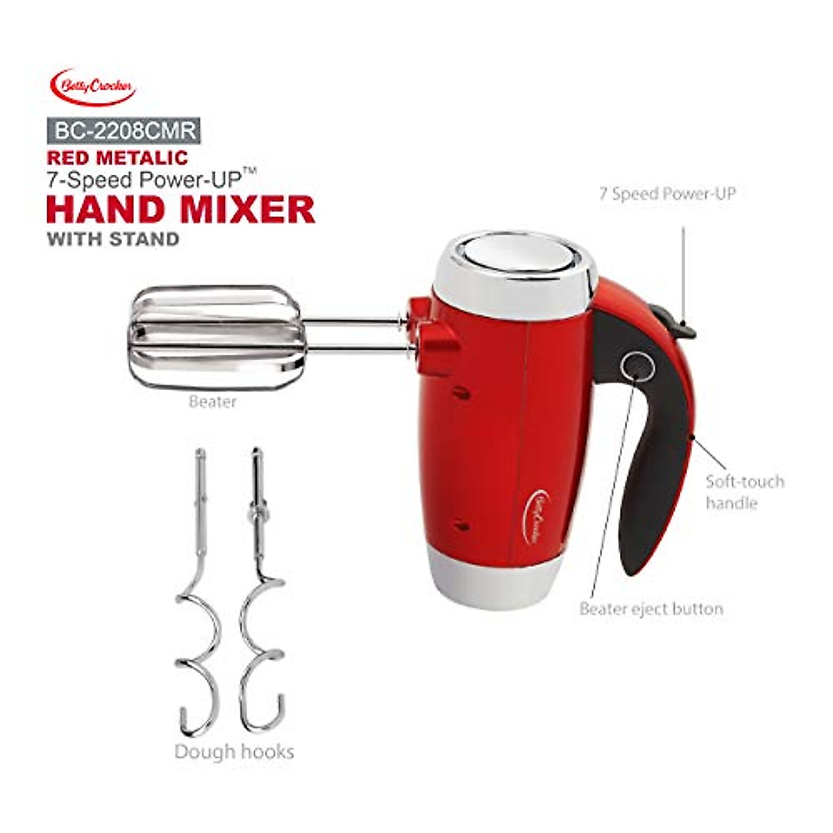 Betty Crocker 7 Speed Hand Mixer with Stand with Chrome Beater and Hooks, Metallic Red, BC-2208CMR, 6.06*8.66*6.65
