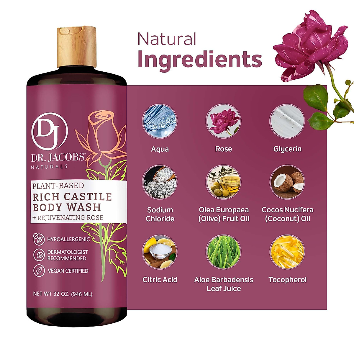 DR. JACOBS NATURALS Castile Rose All-Natural Body Wash for Moisturizing Dry and Sensitive Skin Shampoo with Plant-Based Ingredients Gluten, Preservatives-Free Formula - 32 oz, Pack of 1