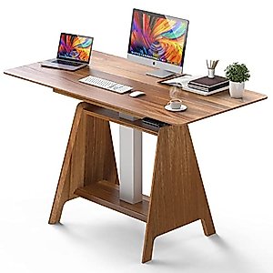 HOUSEELF Adjustable Standing Desk, 100% Solid Wood Adjustable Height Desk w/ 29"-48" Height Controller, Unique Look, Sturdy Legs, Silent & Smooth Lift, Sit Stand Up Desk for Home Office Study, Walnut