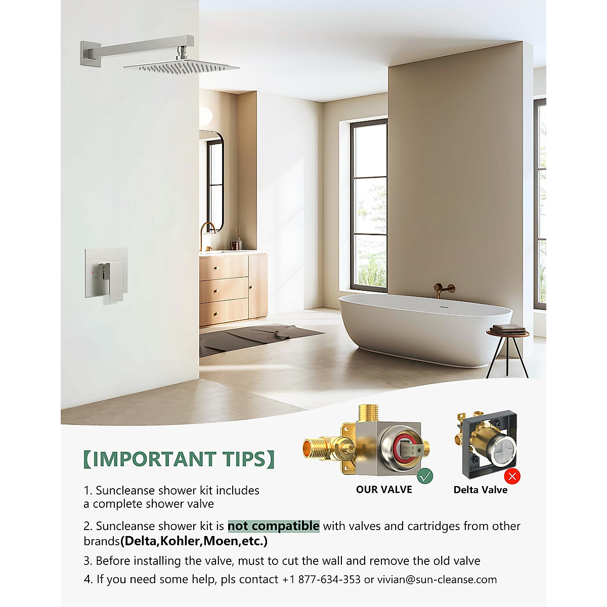 SunCleanse Shower Faucet Set with Valve, 8 Inch Square Shower Head and Handle Set, Single Handle Shower Trim Kit with Extra Long Shower Arm, Brushed Nickel