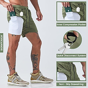 Born Tough 2 in 1 Mens Workout Shorts, 7 Inch Inseam Gym Shorts, Athletic Shorts for Bodybuilding, Running with Liner Pocket Military Green