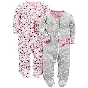 Simple Joys by Carter's Baby Girls' Cotton Snap Footed Sleep and Play, Pack of 2, Grey Butterfly/Pink Floral, 0-3 Months