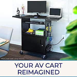 Line Leader Stellar AV Cart | Computer Cart with Pegboard Siding & 12 Hooks for Customizable Storage | Locking Cabinet & Pullout Keyboard Tray | UL Safety Certified Power Outlets | Locking Wheels 