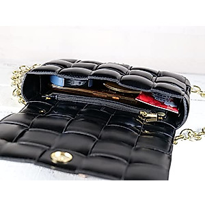 Bella Luna Woven Padded Cassette-Style Crossbody Handbag Purse for Women with Chain Bag (Black-Chain)