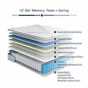 King Mattress,Lechepus 12 Inch Cooling Gel Memory Foam Hybrid Mattress with Pocket Innersprings,Medium Firm Mattresses for Supportive & Pressure Relief,CertiPUR-US Certified,Matress-in-Box