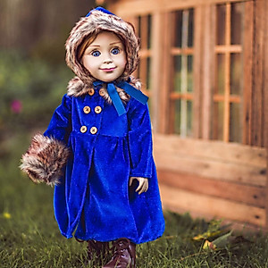 The Queen's Treasures 18" Doll Clothes Outfit, Blue Velvet 1800's Style Polyester-Fur Trimmed Coat, Hat, and Hand Warmer, Compatible for Use with American Girl Dolls, Doll NOT Included