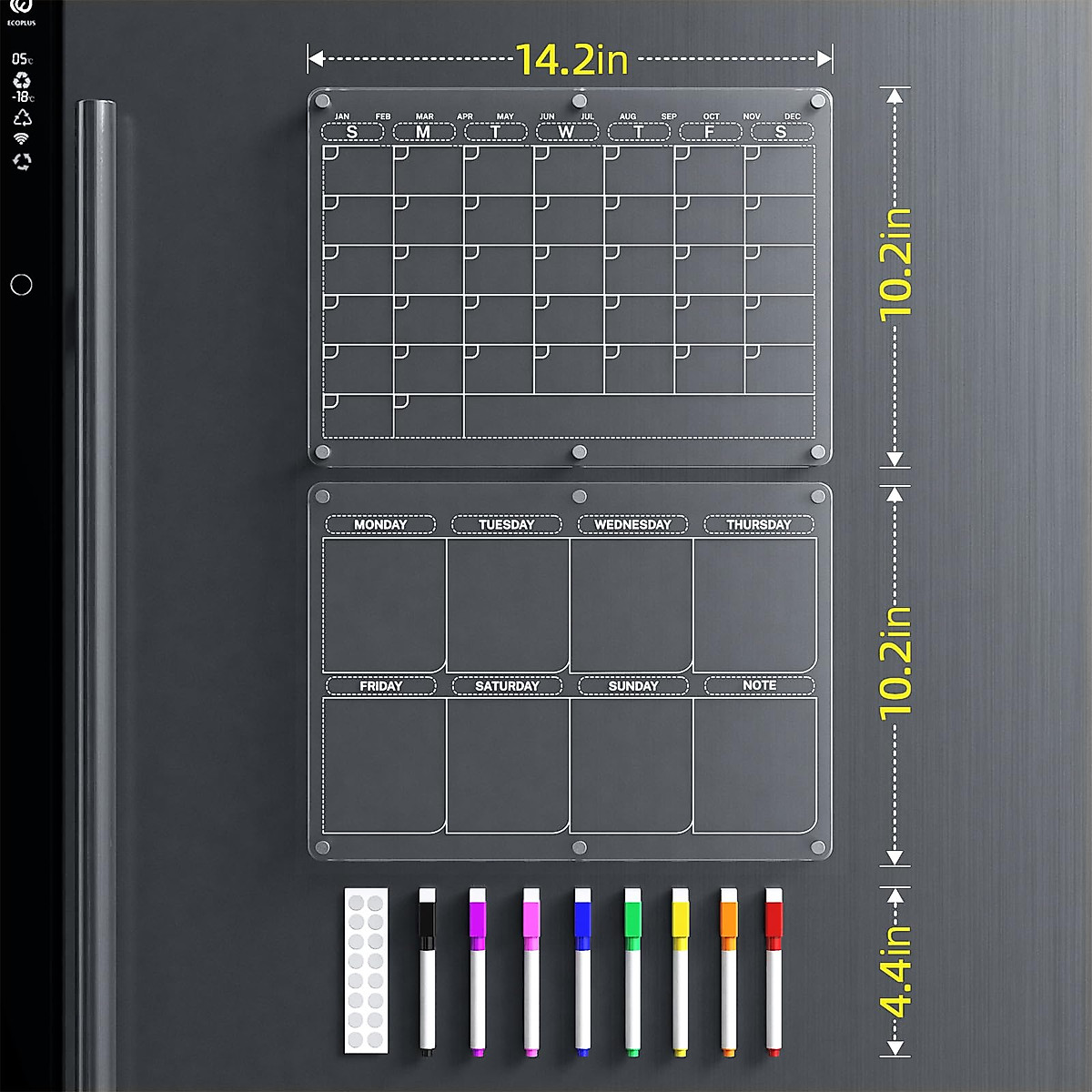 Acrylic Magnetic Calendar for Fridge, Clear Dry Erase Board Reusable Planning Set, Includes 8 Colorful Markers,Magnetic Pen Holder and Erase Towel (Monthly Planner+Weekly Planner)