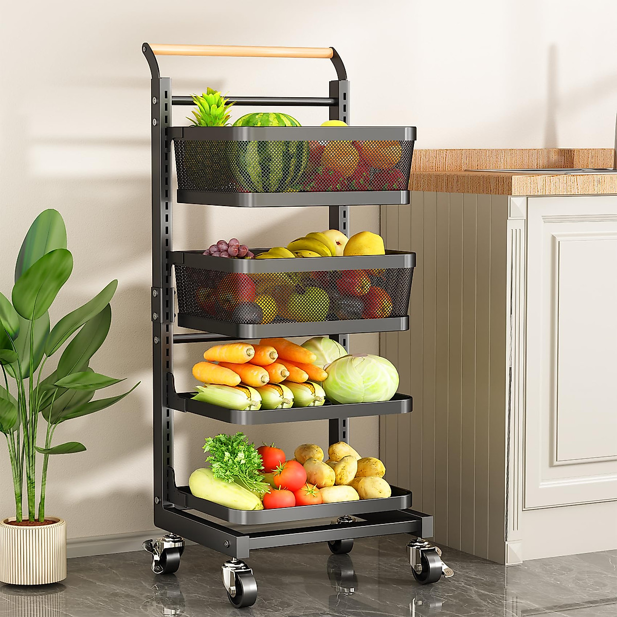 4 Tier Rolling Cart, Hanging Adjustable Utility Cart for Kitchen Pot Holder Office Laundry Bathroom, Black