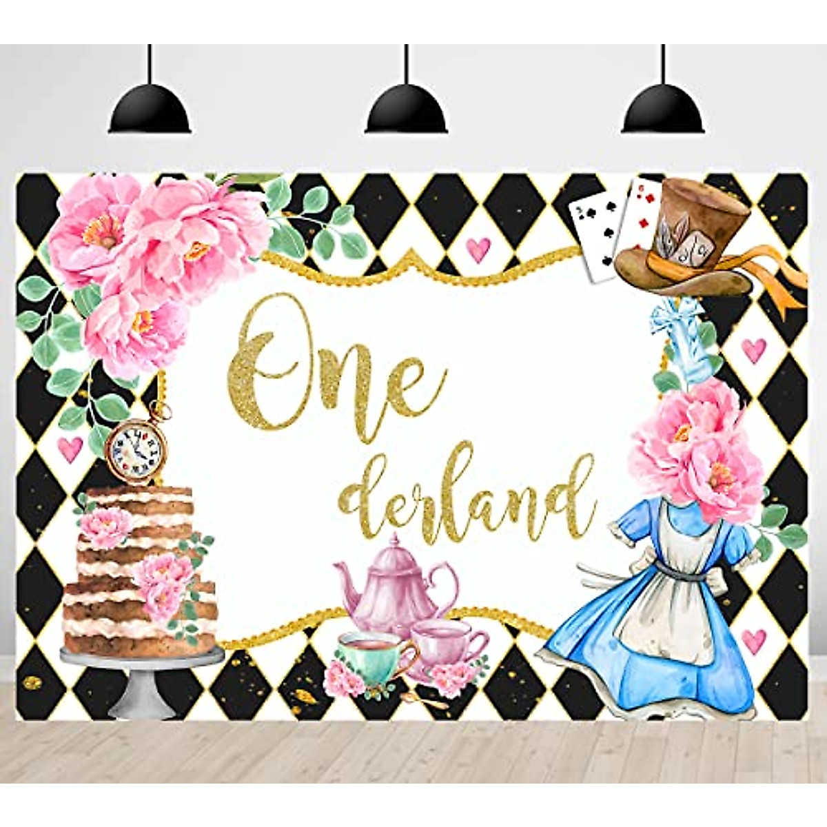 Onederland 1st Birthday Backdrop for Girls Wonderland Tea Party Photography Background Girl Pink Floral Poker Decoration Cake Table Banner 7x5ft