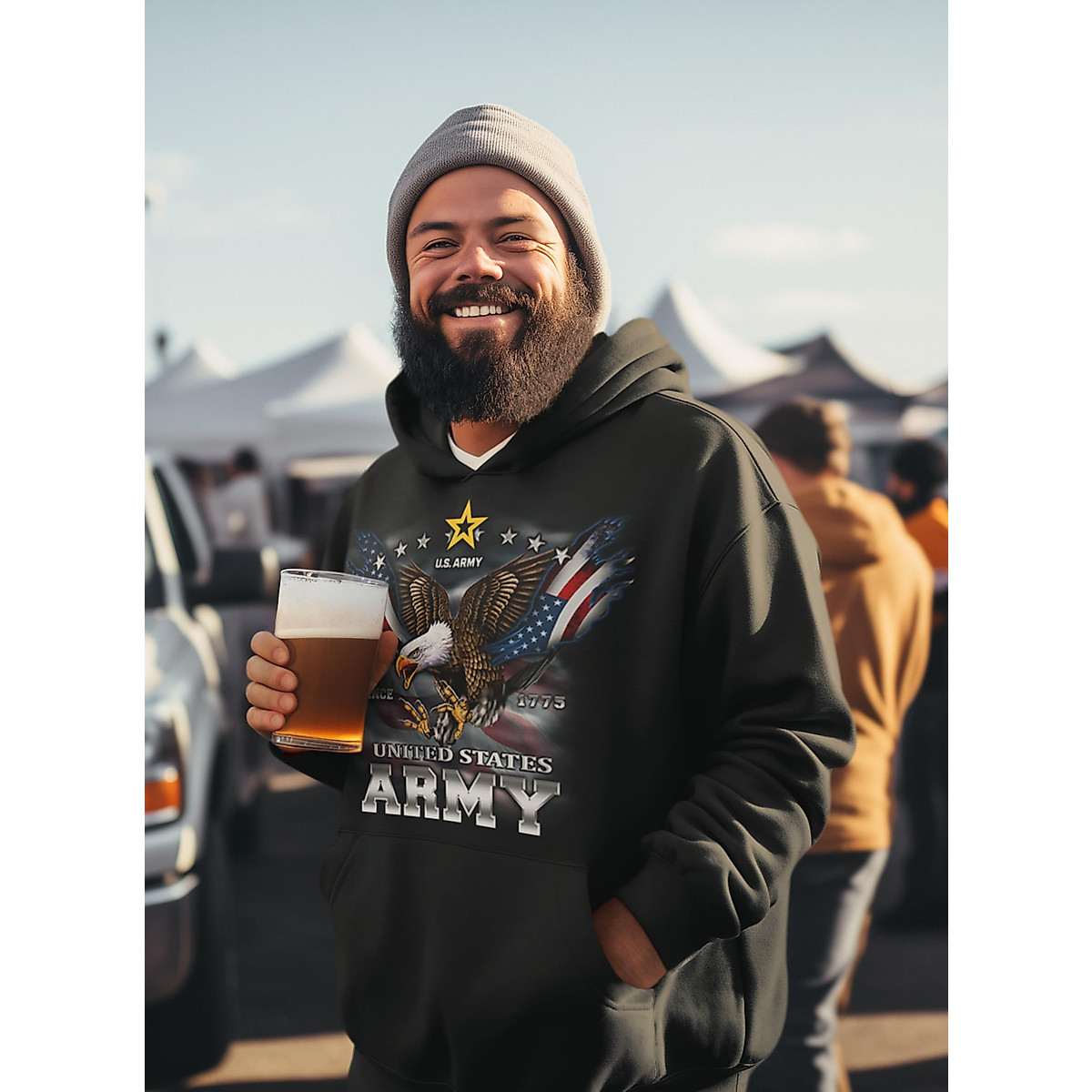 Lucky Ride US ARMY HOODIE Since 1775 Eagle with American Flag Wings Sweatshirt, Black, XL