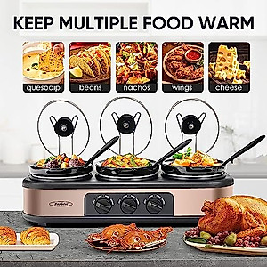 Sunvivi Triple Slow Cookers, 3x1.5 Qt Food Warmer Adjustable-Temp Server, Buffet Server for Parties, Mini Crock Dips Pot, Entertaining ＆ Holiday, Dishwasher Safe Glass Lid & Ceramic Pot, Stainless Copper with Lid Rests, 2 Year-Guarantee