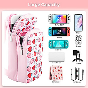 FANPL Carrying Case for Nintendo Switch/OLED/ Lite Travel Bag, Pink Shoulder Backpack Set with Game Case and Thumb Grip Caps, Switch Accessories Portable Crossbody Bag with Strawberry for Girls