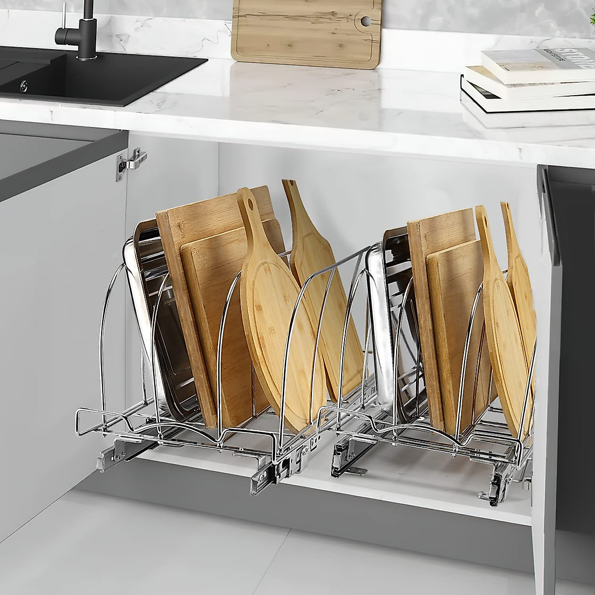 ThyLove Pull Out Cutting Board Organizer for Cabinet, Slide Out Baking Sheet Rack Storage Under Kitchen Cabinet for Pantry Cookie Sheet Bakeware and Tray 10" Wide x 22" Deep (20.87"D x 10"W x 10"H)