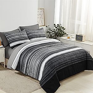 KAKIJUMN 7 Piece Bed in a Bag Stripe Comforter Set Full Size, White Grey Black Patchwork Striped Comforter and Sheet Set, All Season Soft Microfiber Complete Bedding Sets(Grey,Full)
