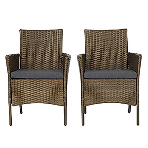 Kinsunny 2 PCS Outdoor Wicker Rattan Chairs with Cushions, Patio Dining Chairs Set of 2, PE Rattan Patio Chair Set for Deck, Porch, Balcony, Brown