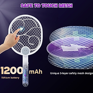 POWIFY 2 in 1 Foldable Electric Fly Swatter, USB Rechargeable Bug Zapper Racket with UV Light, 3 Layers Mesh Mosquito Swatter for Mosquito Fly Gnat Wasp (1 Pack)