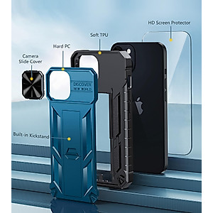 FNTCASE for iPhone 15 Protective Phone-Case: Military Grade Dropproof Cell Phone Cover with Kickstand & Slide | Heavy Duty Rugged Phonecase Bumper Textured | Heavy Duty Protector(Blue)