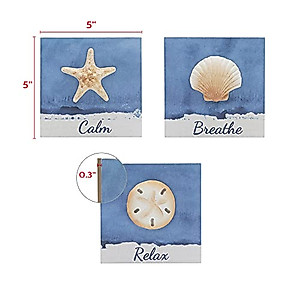 SELEAD Beach Decor Summer Wall Art - Set of 3 Calm Breathe Relax Words Sign, 5" Square Ocean Coastal Themed 3D Seashell Starfish for Bathroom Bedroom, Blue