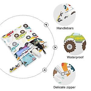 Kids Doodle Monster Truck Wet Dry Bag Reusable Diaper Wet Bag for Swimsuits Waterproof Wet Dry Organizer with Two Zippered Pockets Handle for Dirty Cloth, Swimsuit