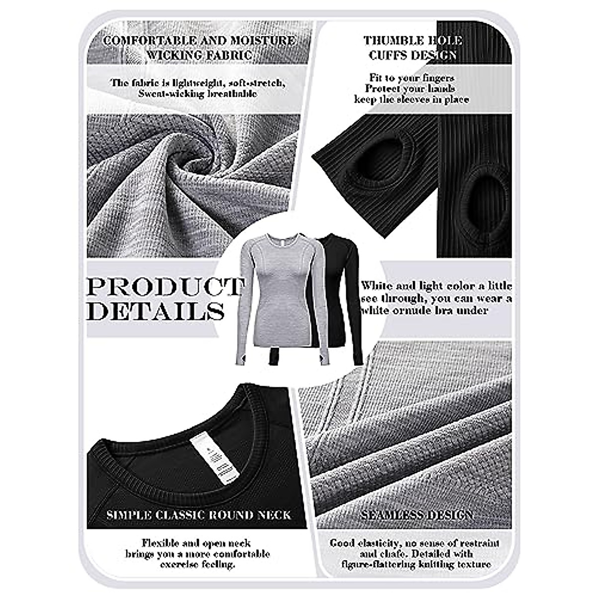 2 Pieces Women Long Sleeve Workout Shirt Seamless Workout Shirts with Thumb Holes Fitted Top Sports Yoga Athletic Shirt Top(Black, Gray, Medium)