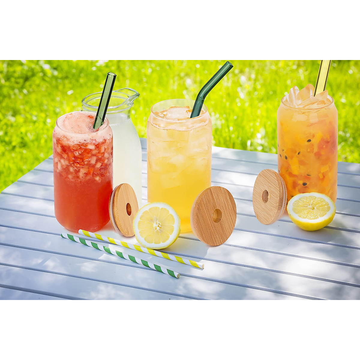 Bamboo Lids for Beer Can Glass, ANOTION Mason Jar Lids with Straw Hole, 4 Reusable Bamboo Mason Jar Drinking Lids for Regular Mouth Mason Jar with 4 Muti-Color Glass Straw for Coffee Boba Cup