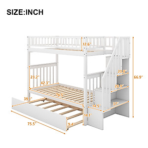 Harper & Bright Designs Bunk Beds Twin Over Twin Size, Solid Wood Bunk Beds with Trundle and Stairs for Kids,Teens,Adults (White, Bunk Bed with Trundle)