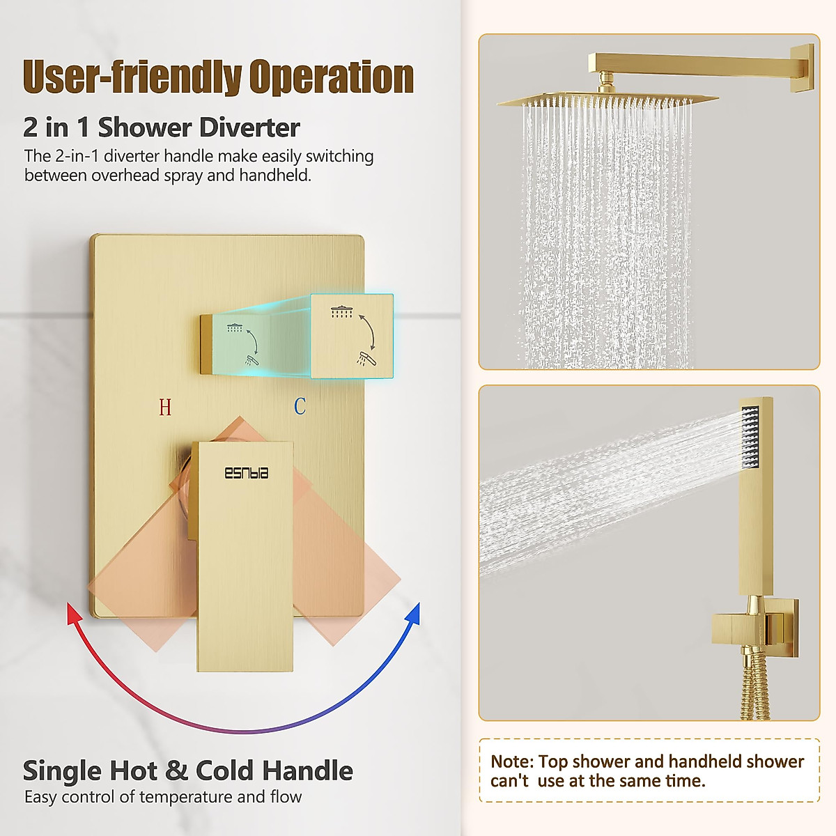 ESNBIA Gold Shower Head, Rainfall Shower System with 10 Inches Rain Shower Head, All Metal Shower Faucet Set with Shower Valve, Wall Mounted Shower Fixtures, Brushed Gold