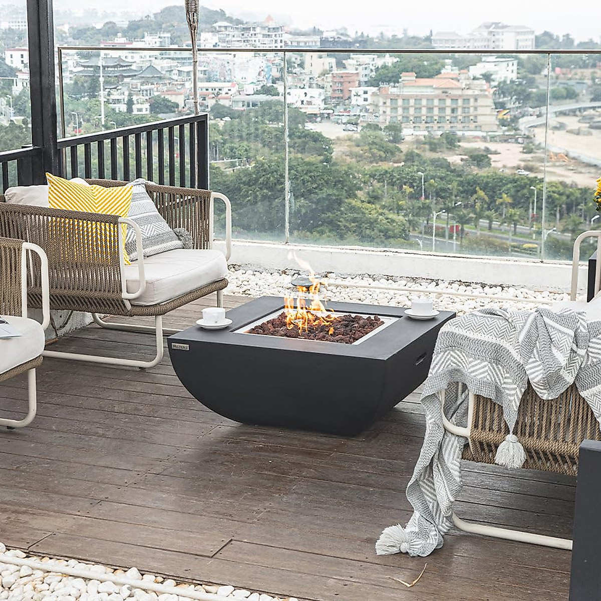 Aurora Concrete Fire Pit 34" x 34" Outdoor Patio Firepit Includes Lava Rocks Modern Fire Pits & Outdoor Fireplaces for Garden, Deck, Indoor & Outdoor Heating