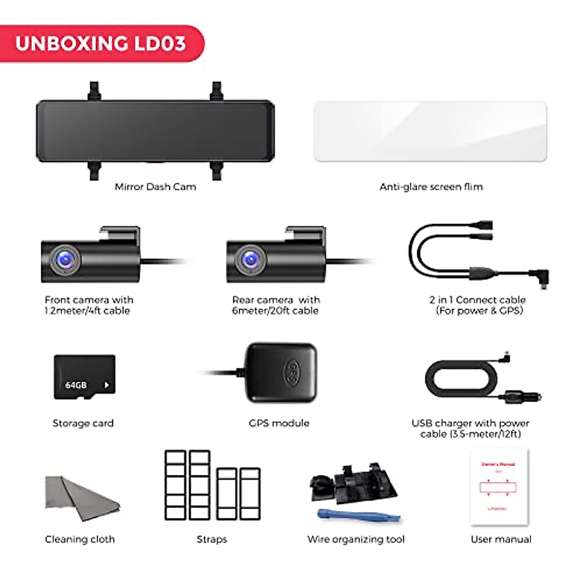 LINGDU LD03 12" Full Touch Screen Mirror Dash Cam with Detached Camera, Front and Rear Dual Cameras, Backup View Mirror Camera, FHD 1080P, Super Night Vision for Car, Includes Free 64GB Card & GPS