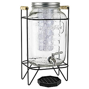 2 Gallon Glass Beverage Dispenser with Ice and Fruit Infusers, Metal Wire Stand with Wooden Handles, Drip Tray and Stainless Steel Spigot- Mason Drink Dispenser for Iced Tea, Kombucha, Infused Water