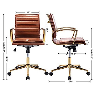 Shunzhi Leather Desk Chair with Armrest PU Leather Office Chair Midback Adjustable Home Computer Executive Chair Swivel Conference Task Chair Managers Chair with Chrome Base, Brown and Gold