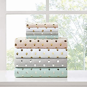 Intelligent Design Microfiber Cozy Bed Sheet Set, Modern All Season Bedding & Pillowcases, Premium 14" Elastic Pocket Fits up to 16" Mattress, Queen White/Gold Metallic Dot 4 Piece