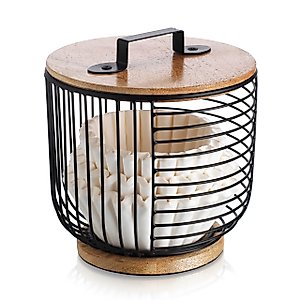 MosJos Coffee Filter Holder for Counter with Wooden Lid - Round Black Wire Coffee Pod Storage Container Basket for Kitchen Countertop Organization - Coffee Bar Accessories