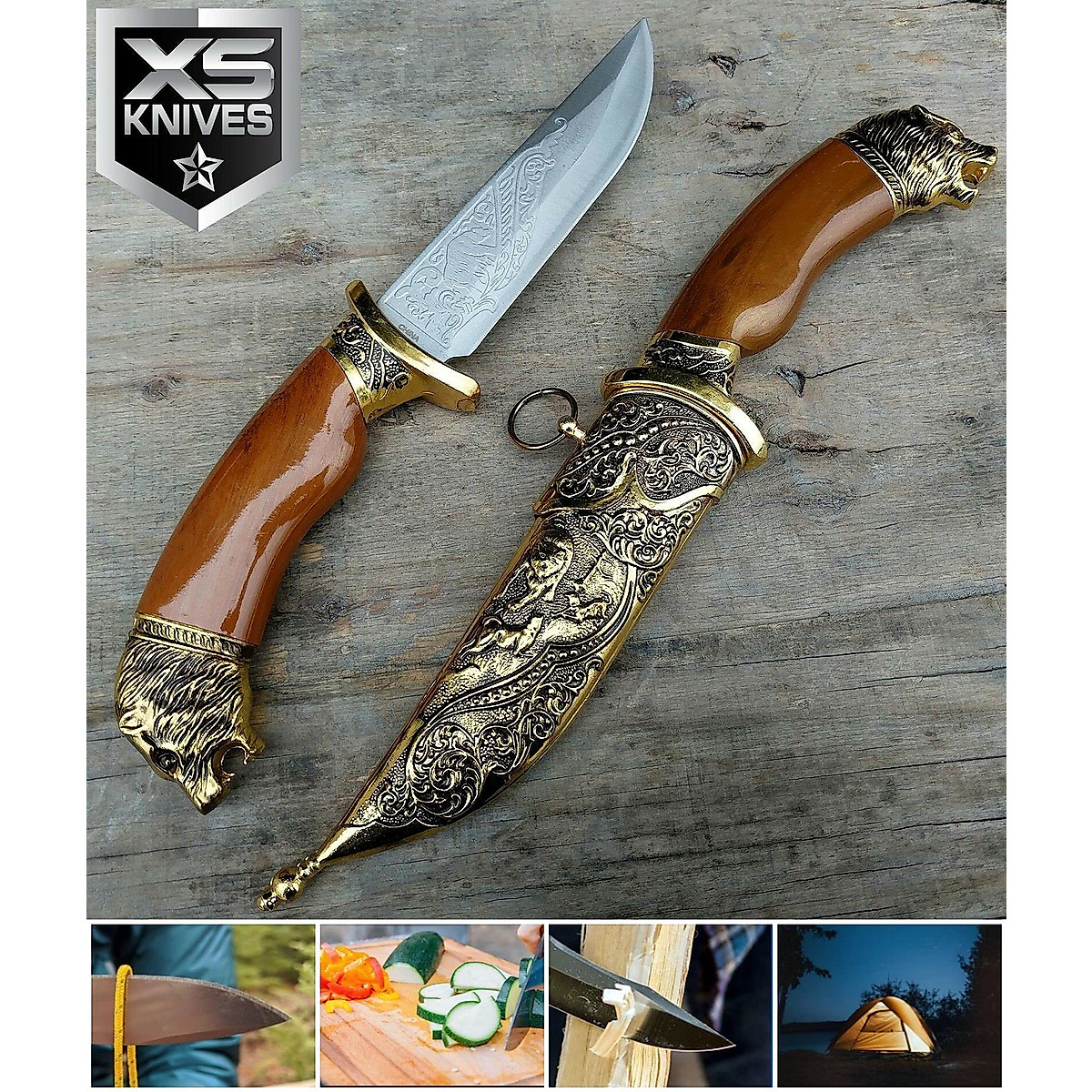 11" Bear Head Golden Fixed Blade Collectors Survival Hunting Knife W/Decorative Sheath by Survival Steel