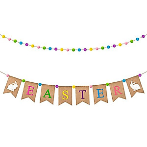 2Pcs Easter Banner Burlap Flag Felt Ball Garland Kit, With Pendants Pom for Centerpieces Easter Decorations Party Decor Fireplace Porch Wall Backdrops