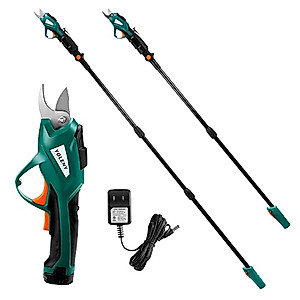 YOLENY Electric Pruning Shears, Cordless Pruning Shears with 5.1/6.6 Ft High Telescopic Pole, Lithium Battery Powered, with Safety Protection, Green