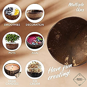 BRAINY ESSENTIALS Coconut Bowls Premium Gift Set: Includes - 2 Handmade Wooden Spoons + 2 Forks + 2 Bamboo straws for Smoothies, Buddha Bowls - Fruits - Salads, Cereal, Acai, Ice-cream