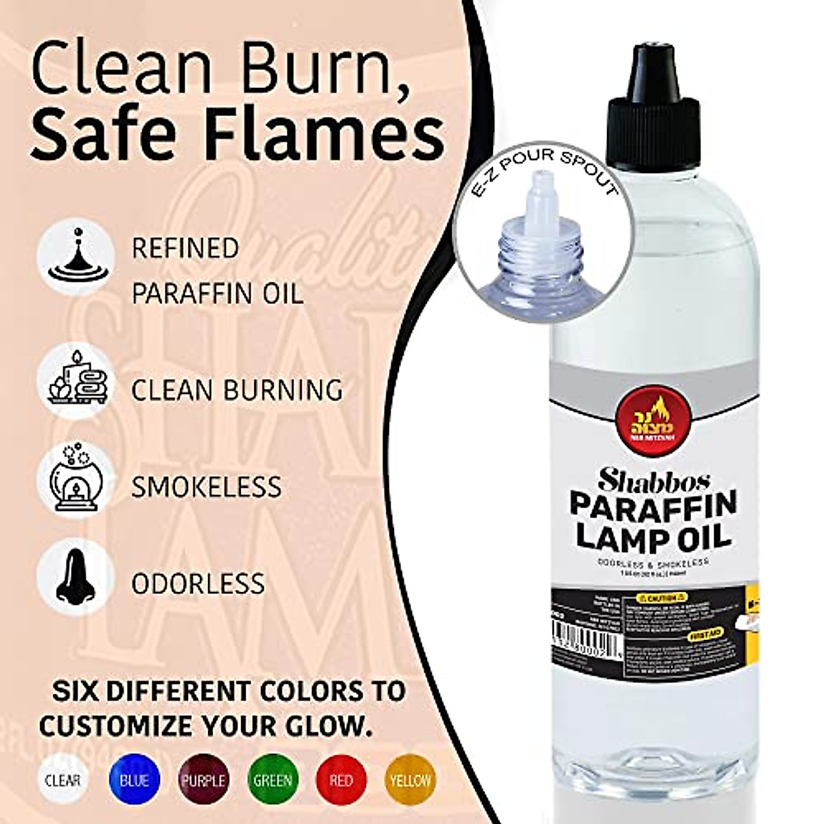 Paraffin Lamp Oil - Clear Smokeless, Odorless, Clean Burning Fuel for Indoor and Outdoor Use with E-Z Fill Cap and Pouring Spout - 32oz - by Ner Mitzvah